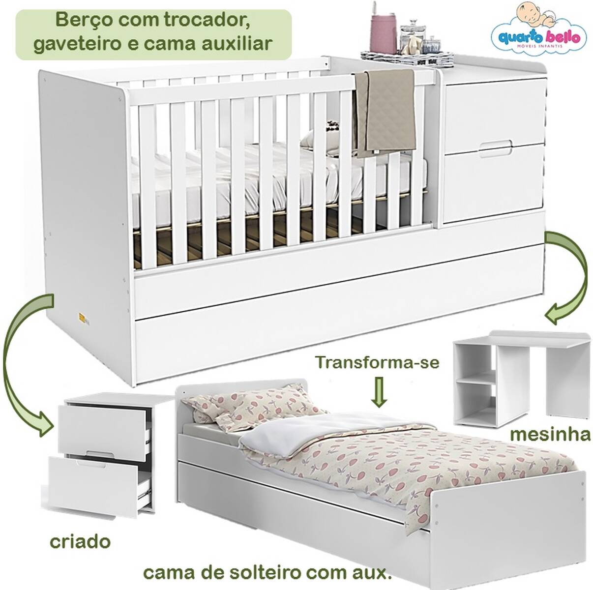 Berço Multifuncional 5 em 1 | Quarto Belo
